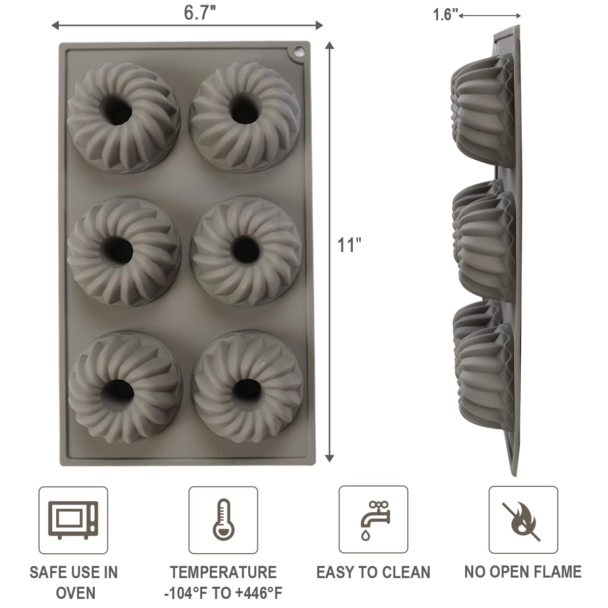 Elesinsoz 3pcs Mini Bundt Cake Pan, 6-Cavity Thickened Silicone Donut Molds Nonstick Fluted Cake Pans For Baking, Mini Tube Cake Baking Pan for Muffin, Coffee Cake, Jello - Grey