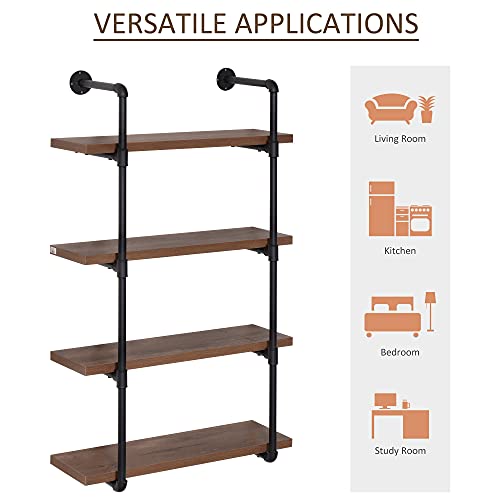 HOMCOM 4-Tier Industrial Pipe Shelves Floating Wall Mounted Bookshelf, Metal Frame Display Rack, 1.25" Thickness Shelving Unit for Farmhouse, Kitchen, Bar, Rustic Brown