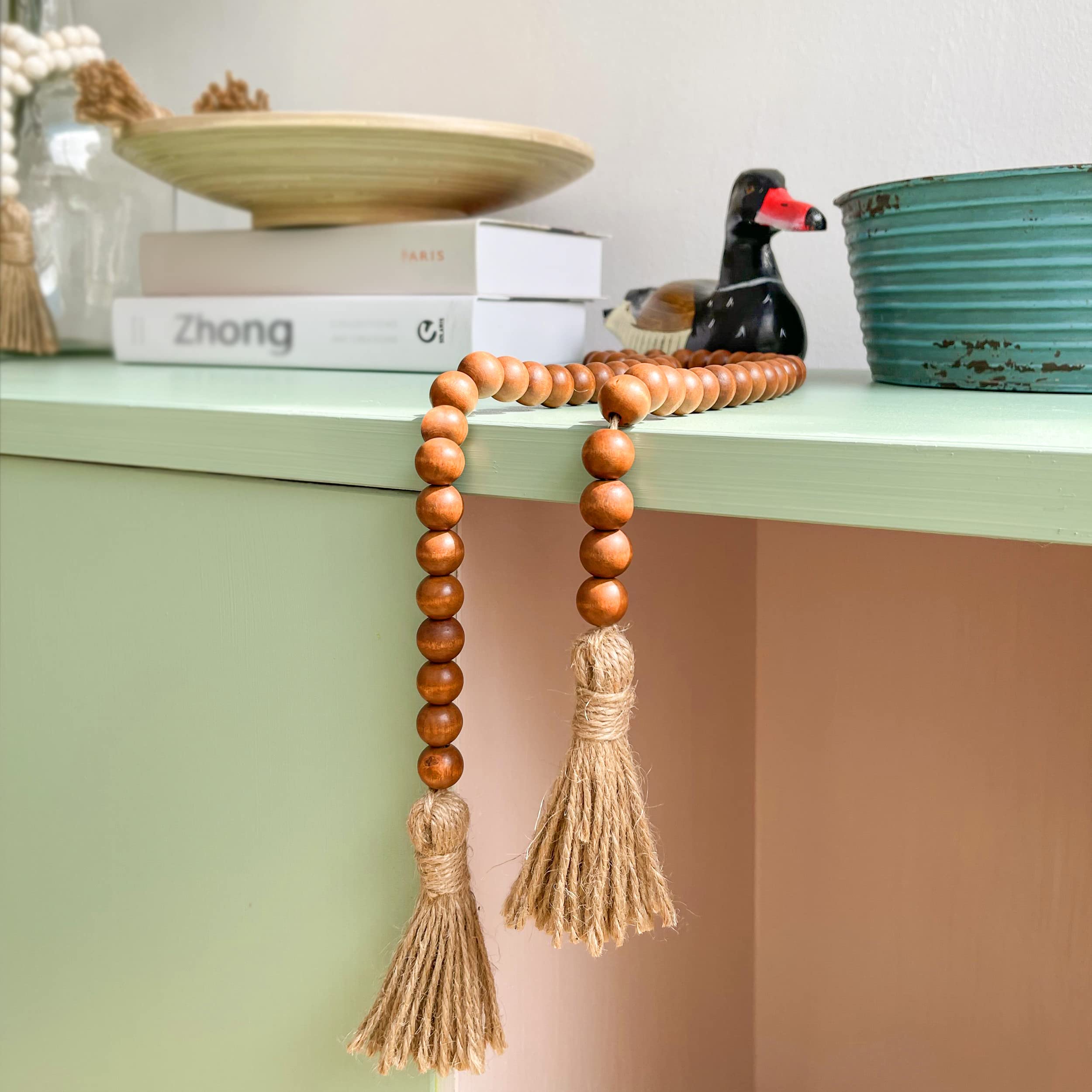 Meplait 39in Wood Bead Garland Farmhouse with Tassels,Versatile Prayer Beads Boho Chic Wall Hanging Home Decor (Brown)