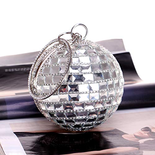 momo mo Women Wedding Clutch-Purse Round Evening-Bag Diamante Crossbody Bride Glitter Shoulder-Bag A Silver