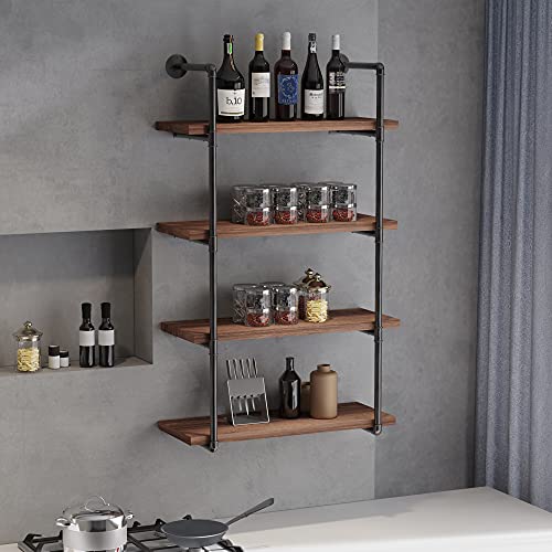 HOMCOM 4-Tier Industrial Pipe Shelves Floating Wall Mounted Bookshelf, Metal Frame Display Rack, 1.25" Thickness Shelving Unit for Farmhouse, Kitchen, Bar, Rustic Brown