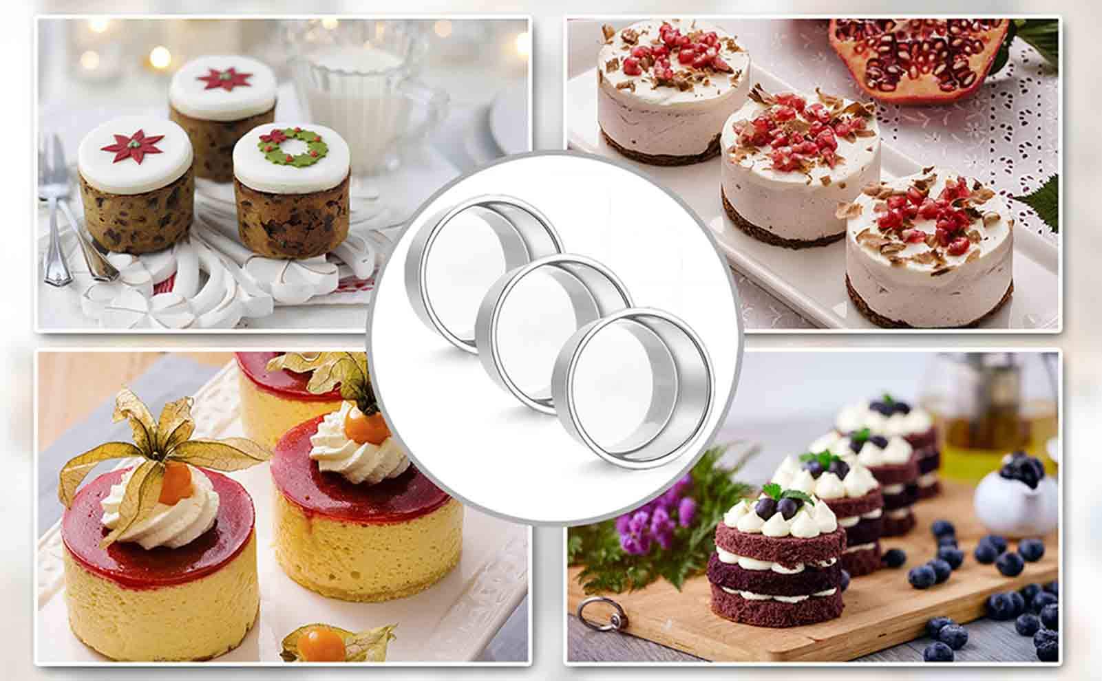 TeamFar 4 Inch Cake Pan, Mini Cake Pan Small Round Baking Tins Set Stainless Steel, For Baking Steaming Serving, Healthy & Sturdy, Easy Clean & Dishwasher Safe - Set of 3