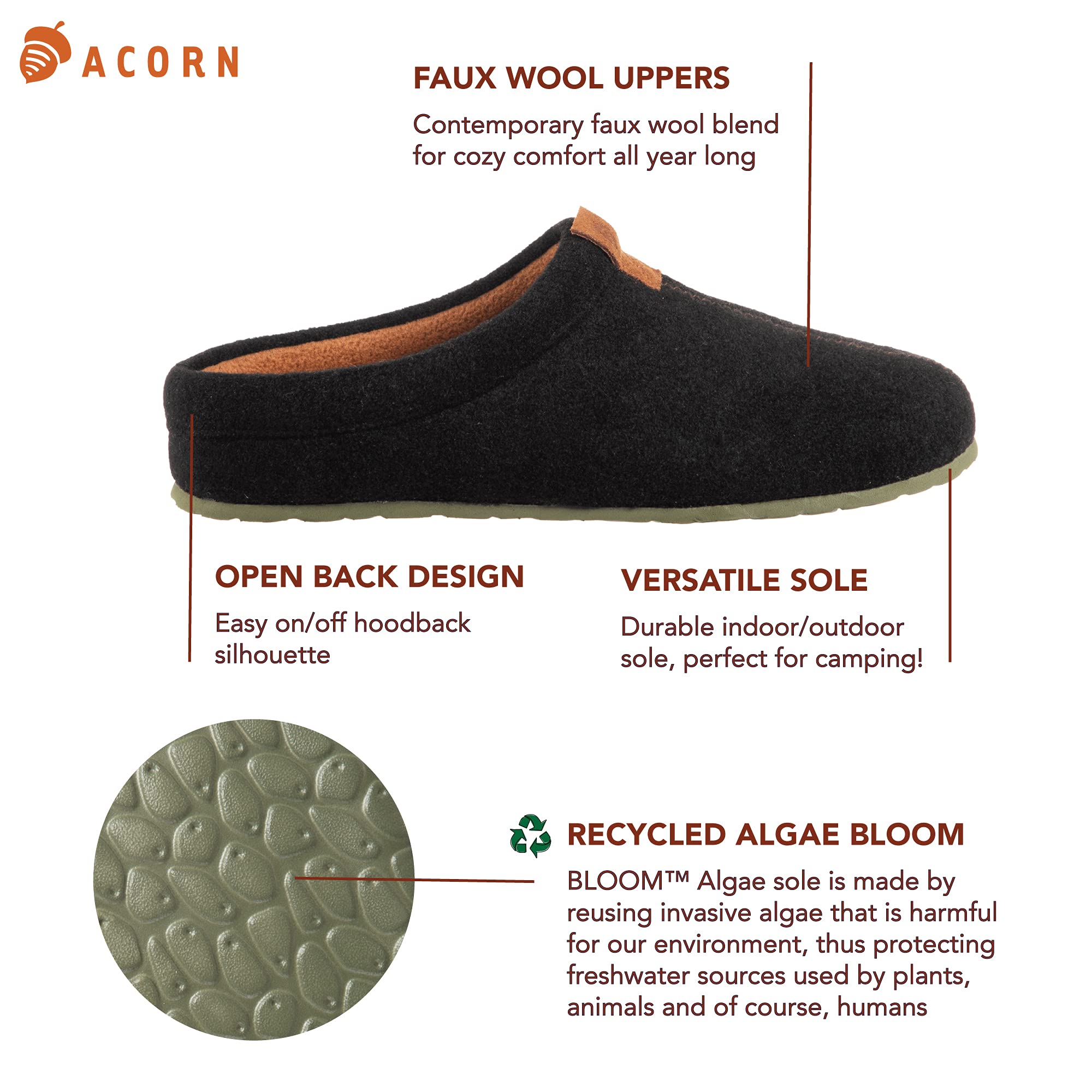 Acorn mens Algae-infused Recycled Parker Hoodback Slipper, Black, 9 10 US