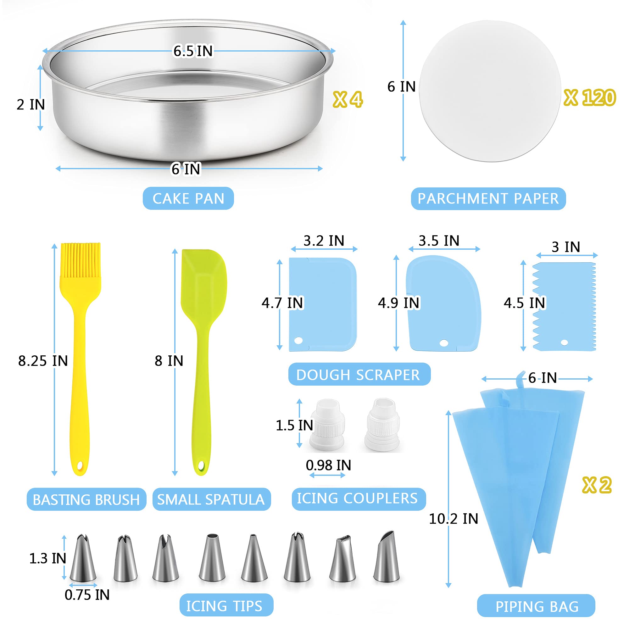 E-far 6 Inch Cake Pans Set of 4, Stainless Steel Round Baking Cake Pan Tins with Decorating Supplie Including Parchment Paper Icing Tips Spatula Scrapper, Non-toxic & Healthy, Dishwasher Safe