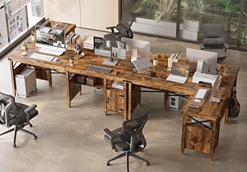 Bestier L-Shaped Home Office Computer Desk with Storage Cabinet & Bookshelf, Farmhouse Office Table for Writing Study, 60 x 42 Inch Corner Desk or 82.3 Inch 2 Person Long Desk, Rustic Brown