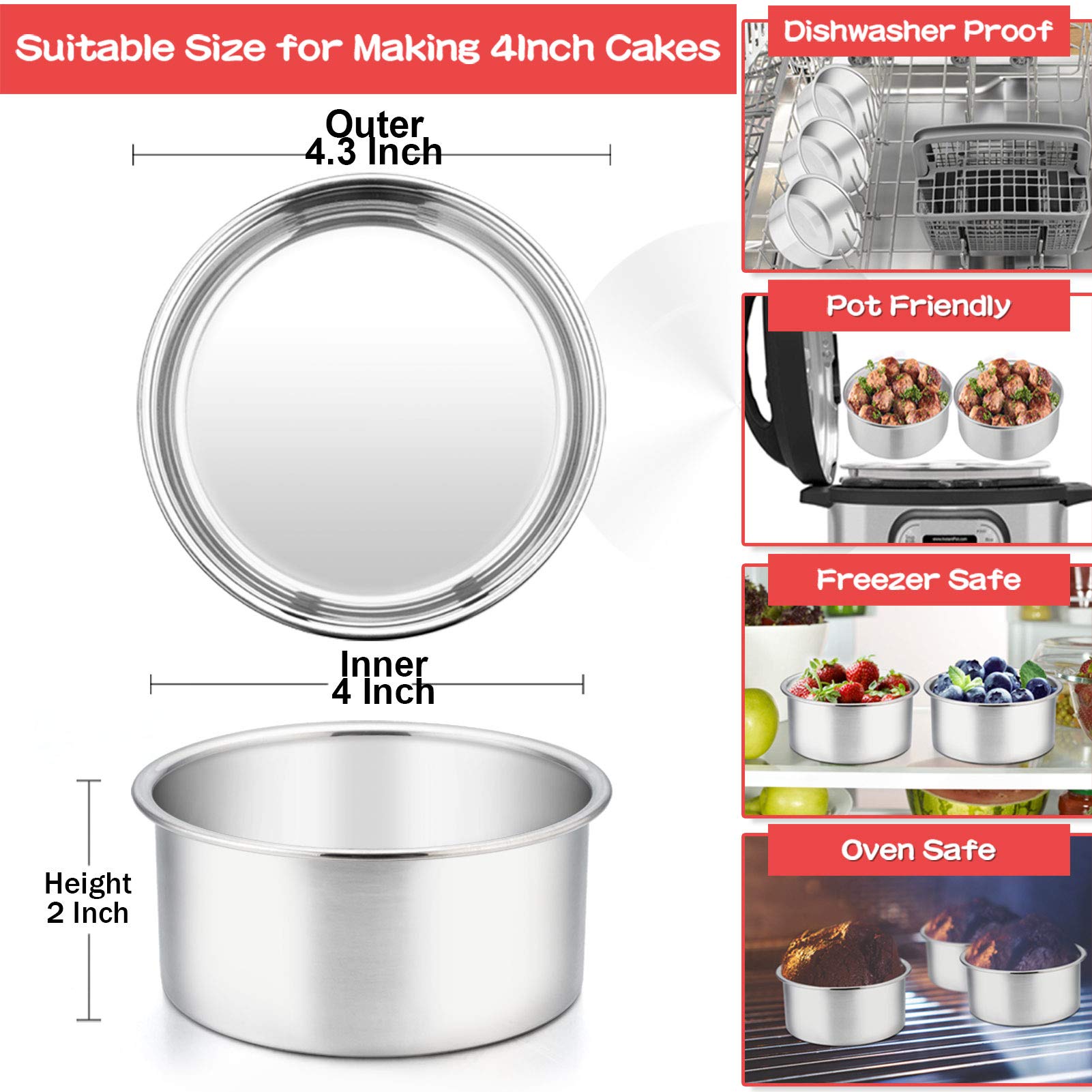 TeamFar 4 Inch Cake Pan, Mini Cake Pan Small Round Baking Tins Set Stainless Steel, For Baking Steaming Serving, Healthy & Sturdy, Easy Clean & Dishwasher Safe - Set of 3