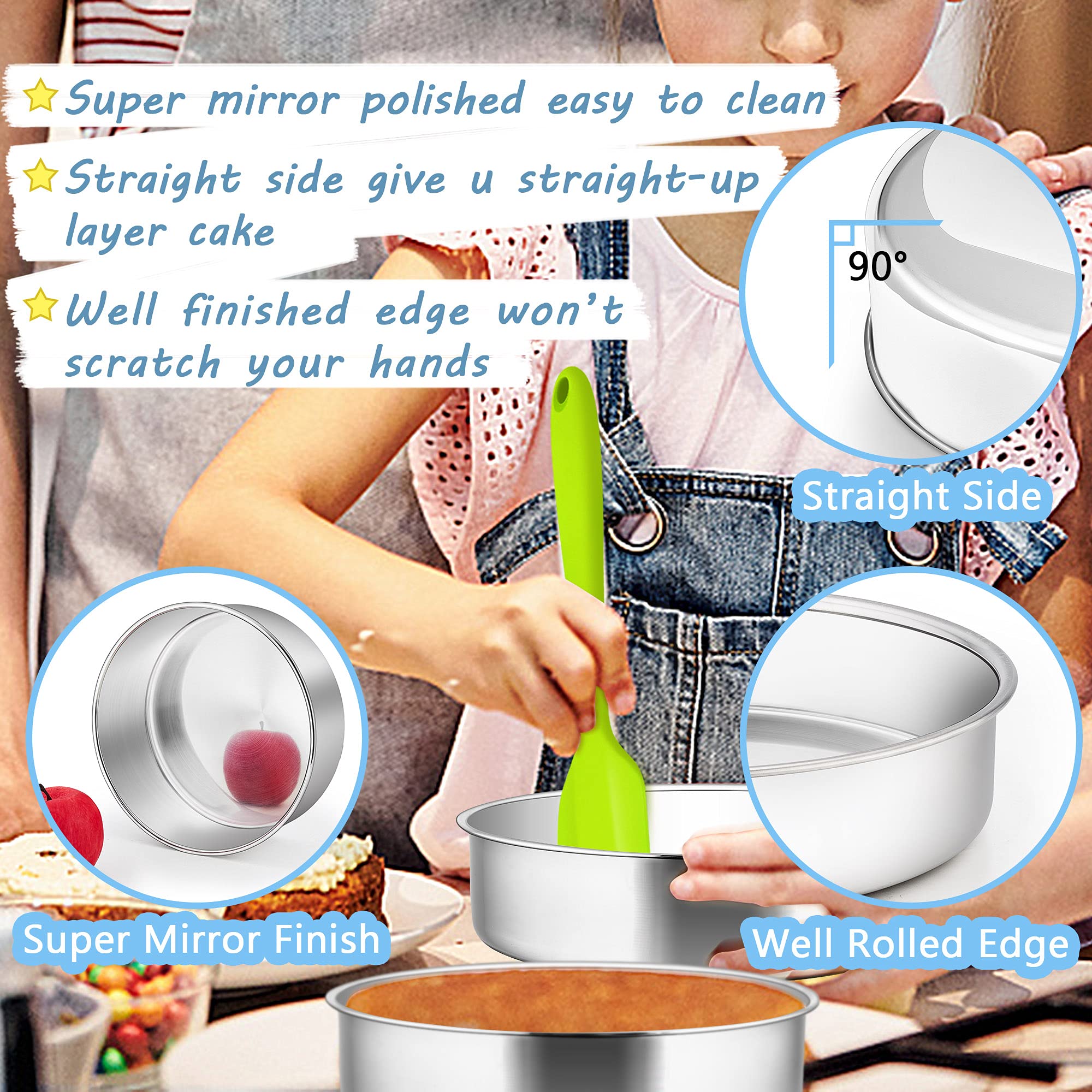 E-far 6 Inch Cake Pans Set of 4, Stainless Steel Round Baking Cake Pan Tins with Decorating Supplie Including Parchment Paper Icing Tips Spatula Scrapper, Non-toxic & Healthy, Dishwasher Safe
