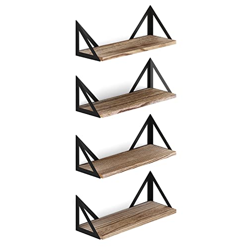 Wallniture Minori Floating Shelves Set of 4, Small Bookshelf Unit for Bedroom, Office, Bathroom, and Living Room, Natural Burned Rustic Wood Wall Decor with Metal Floating Shelf Bracket