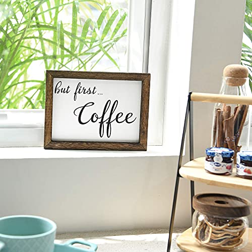 Mkono 1 Pcs Coffee Signs Decor Farmhouse Coffee Table Decor 2 Sides with Different Sayings Rustic Wood Coffee Sign, Office Home Bar Wall Table Decor