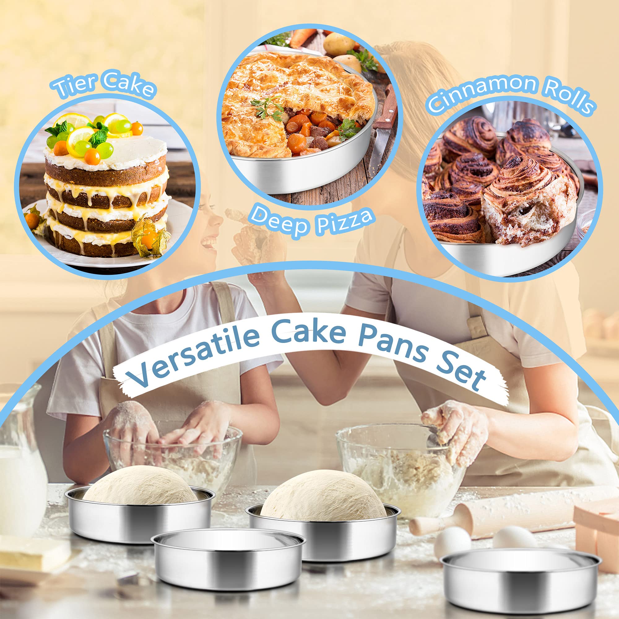 E-far 6 Inch Cake Pans Set of 4, Stainless Steel Round Baking Cake Pan Tins with Decorating Supplie Including Parchment Paper Icing Tips Spatula Scrapper, Non-toxic & Healthy, Dishwasher Safe