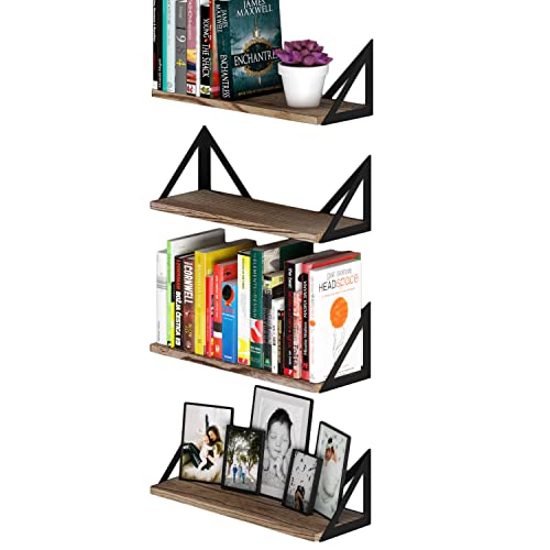 Wallniture Minori Floating Shelves Set of 4, Small Bookshelf Unit for Bedroom, Office, Bathroom, and Living Room, Natural Burned Rustic Wood Wall Decor with Metal Floating Shelf Bracket