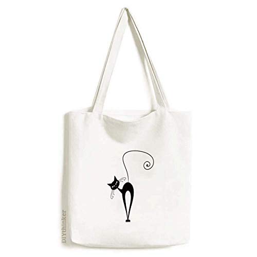 Tilt Head Black Cat Halloween Animal Outline Tote Canvas Bag Shopping Satchel Casual Handbag