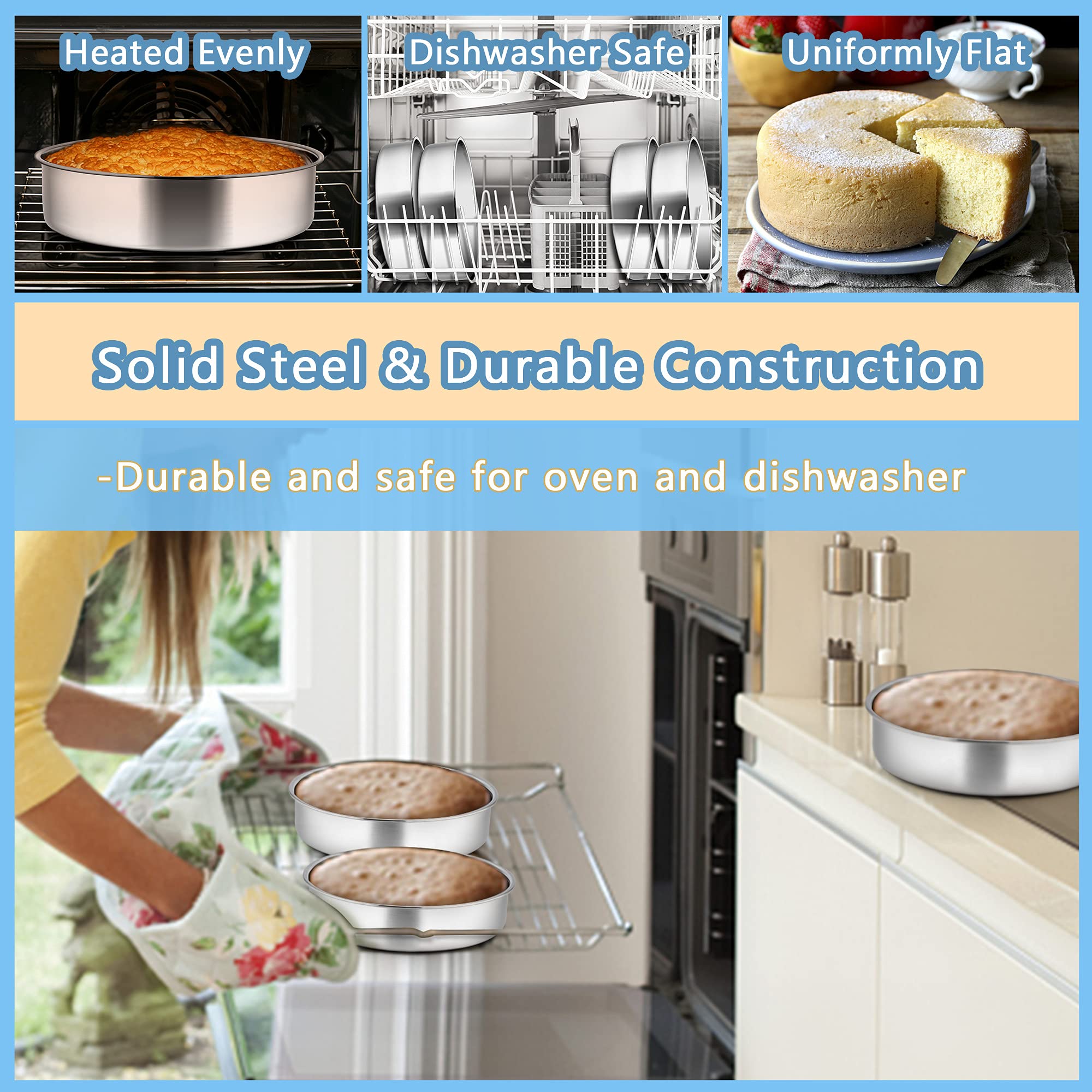 E-far 6 Inch Cake Pans Set of 4, Stainless Steel Round Baking Cake Pan Tins with Decorating Supplie Including Parchment Paper Icing Tips Spatula Scrapper, Non-toxic & Healthy, Dishwasher Safe