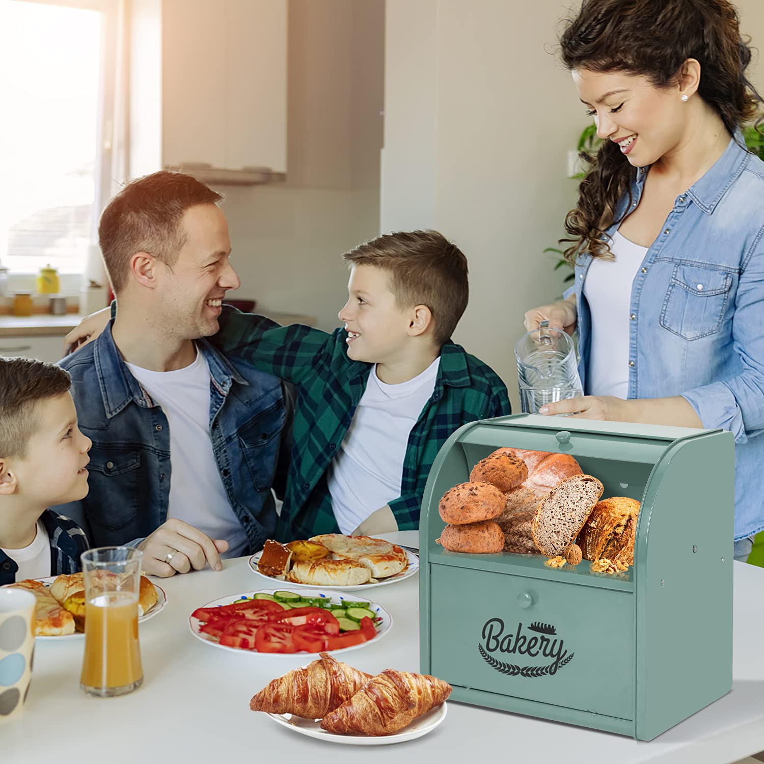 Olebes Bread Box, Metal Bread Box For Kitchen Countertop, Bread Storage Container Holds 2 Loaves Of Bread, High Capacity Breadbox, Bread Holder Suit Farmhouse Kitchen Decor For Counter (Black)