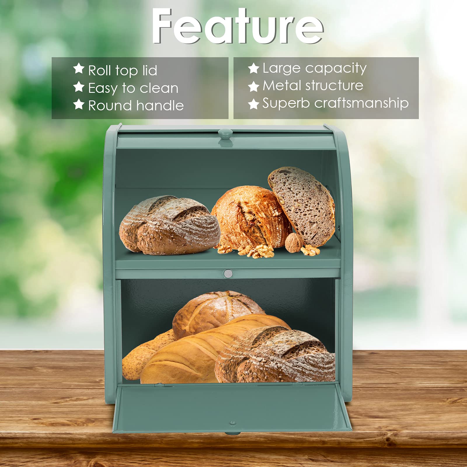 Olebes Bread Box, Metal Bread Box For Kitchen Countertop, Bread Storage Container Holds 2 Loaves Of Bread, High Capacity Breadbox, Bread Holder Suit Farmhouse Kitchen Decor For Counter (Black)