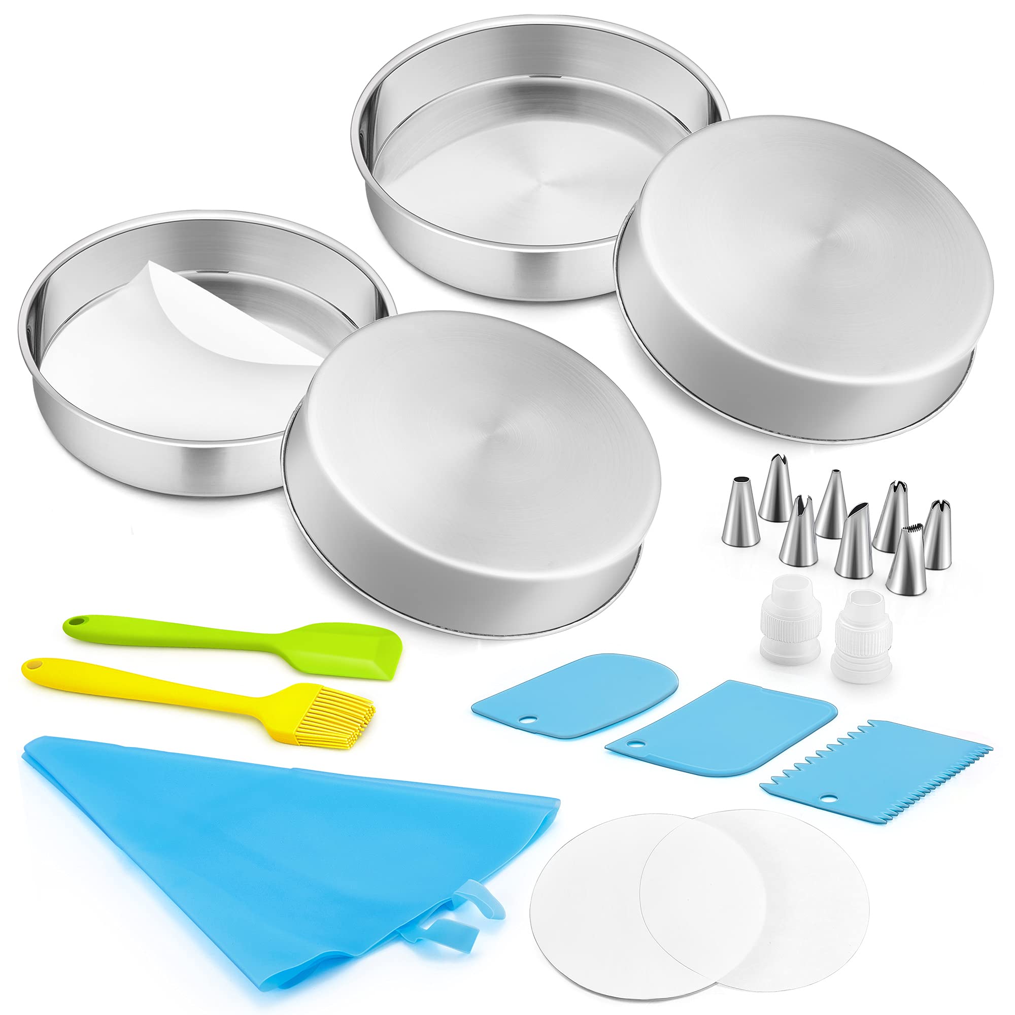 E-far 6 Inch Cake Pans Set of 4, Stainless Steel Round Baking Cake Pan Tins with Decorating Supplie Including Parchment Paper Icing Tips Spatula Scrapper, Non-toxic & Healthy, Dishwasher Safe