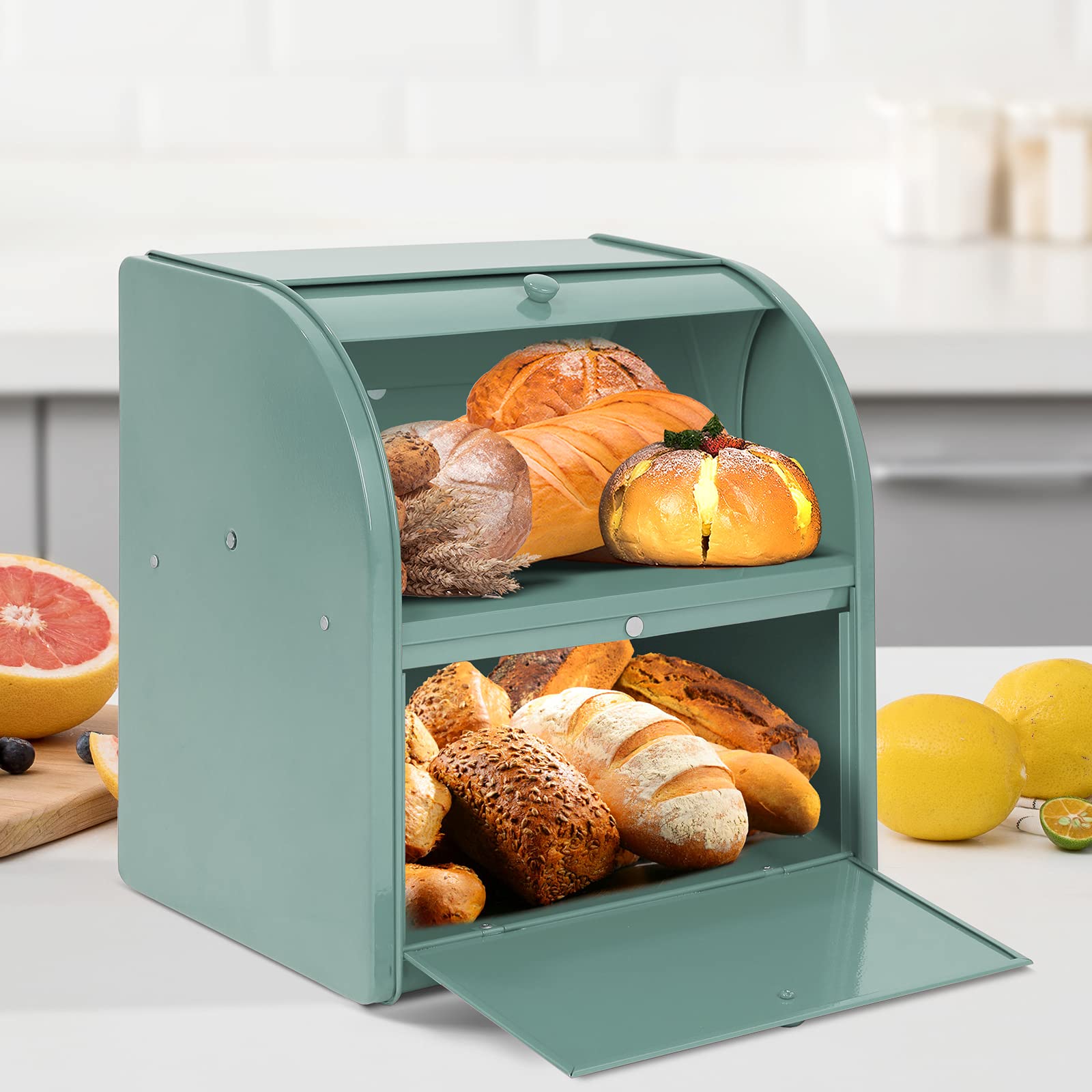 Olebes Bread Box, Metal Bread Box For Kitchen Countertop, Bread Storage Container Holds 2 Loaves Of Bread, High Capacity Breadbox, Bread Holder Suit Farmhouse Kitchen Decor For Counter (Black)