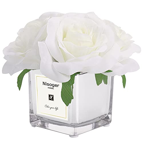 Nisoger Artificial Flowers in Vase, White Silk Rose Faux Flowers in Vase, Fake Flowers with Vase Bouquets Arrangements Home Decoration for Dinning Table Centerpieces Bedroom Bathroom Kitchen, White