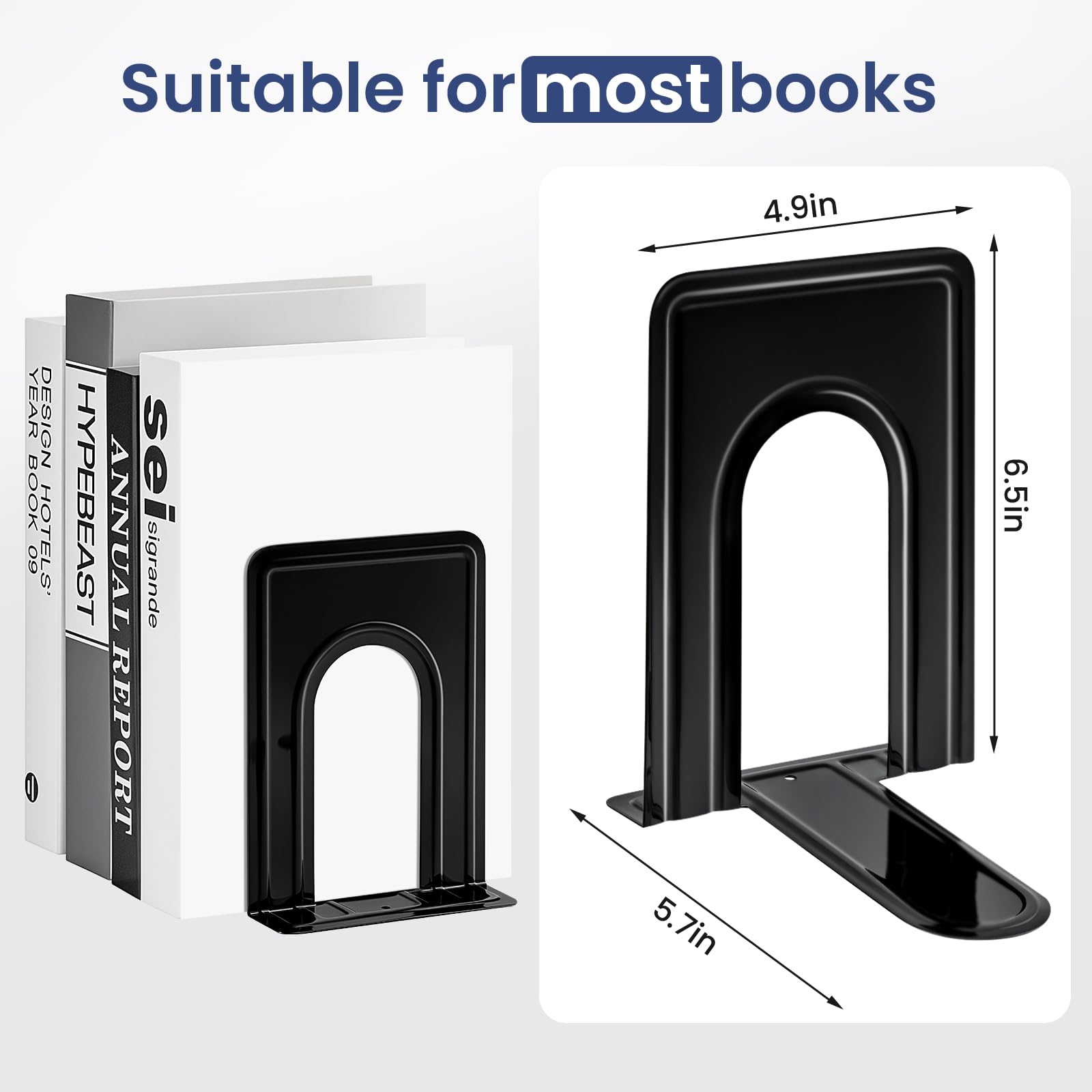 HappyHapi Bookends, Book Ends, Metal Bookend for Shelves, Non-Skid Book End to Hold Books, Black Book Stopper for Shelves, Book Holder for Office Home Kitchen, 5.7X 4.9 X 6.5 in, 3 Pair(6 Pcs, Large)