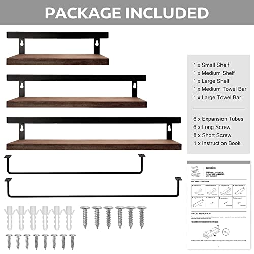AOZITA 3 Set PRE-Assembled Floating Bathroom Shelves with 2 Towel Bars, Wall Mounted Storage Wood Shelf, Rustic Decor Accessories for Bathroom, Kitchen, Bedroom, Office, Over Toilet - Brown