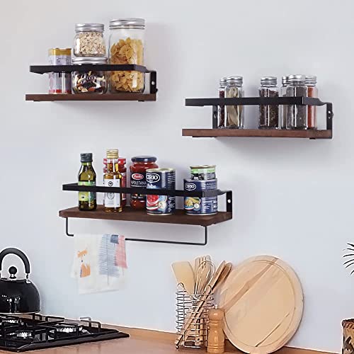 AOZITA 3 Set PRE-Assembled Floating Bathroom Shelves with 2 Towel Bars, Wall Mounted Storage Wood Shelf, Rustic Decor Accessories for Bathroom, Kitchen, Bedroom, Office, Over Toilet - Brown
