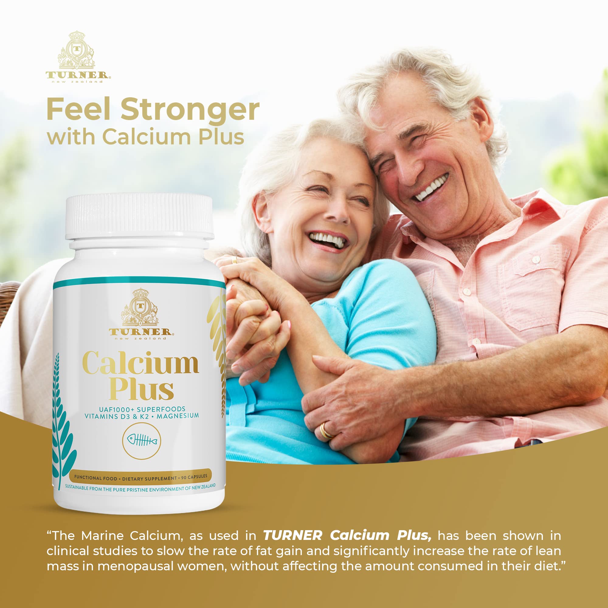 TURNER Calcium Plus, All-Natural Marine Calcium Supplement, with UAF1000+ Super Antioxidant, Magnesium + Vitamins K2 & D3, Supports Bone Density & Joint Health, 6 Bottles, 540 caps, 6 Month Supply
