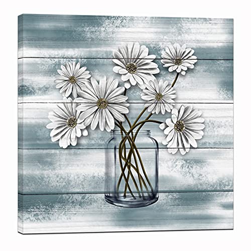 Nachic Wall Bathroom Flower Wall Art Vintage Daisy Floral with Teal Wood Background Painting Canvas Decorative Floral Artwork Giclee Print Picture for Farmhouse Kitchens Ready to Hang 24x24 Inch