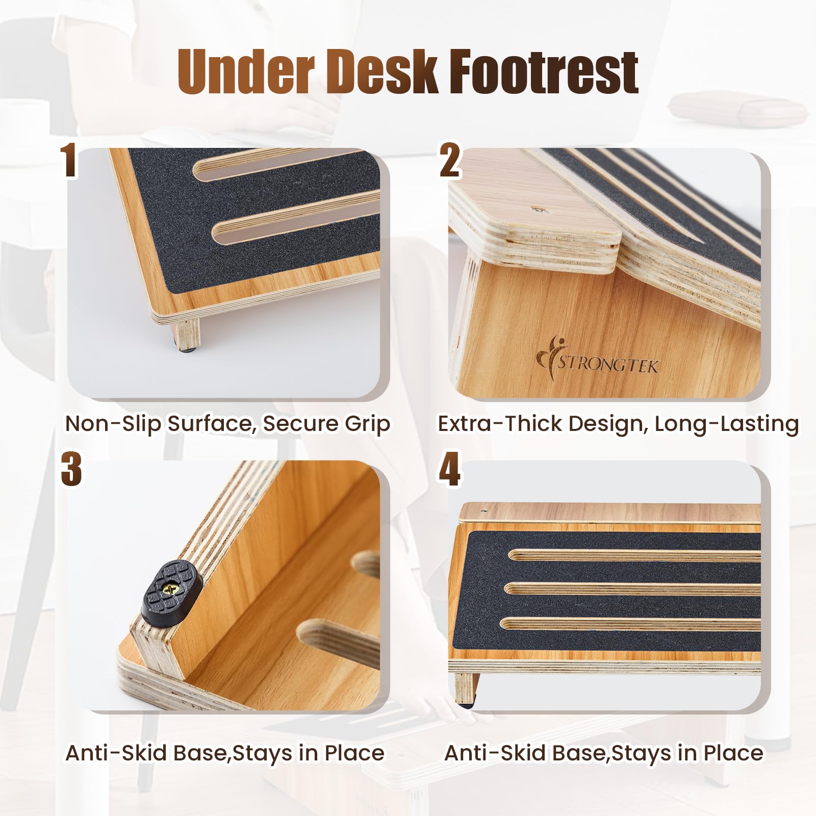 StrongTek Under Desk Footrest, Slanted Non-Slip Wooden Step Stool for Home and Office Chairs, Portable Ergonomic Posture Support for PC Gaming or Work Standing Desks