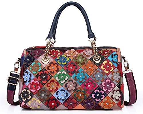 Segater® Women’s Multicolor Floral Boston Bag Genuine Leather Hobo Purses Colorful 3D Splicing Shoulder Bag Ladies Crossbody Bags