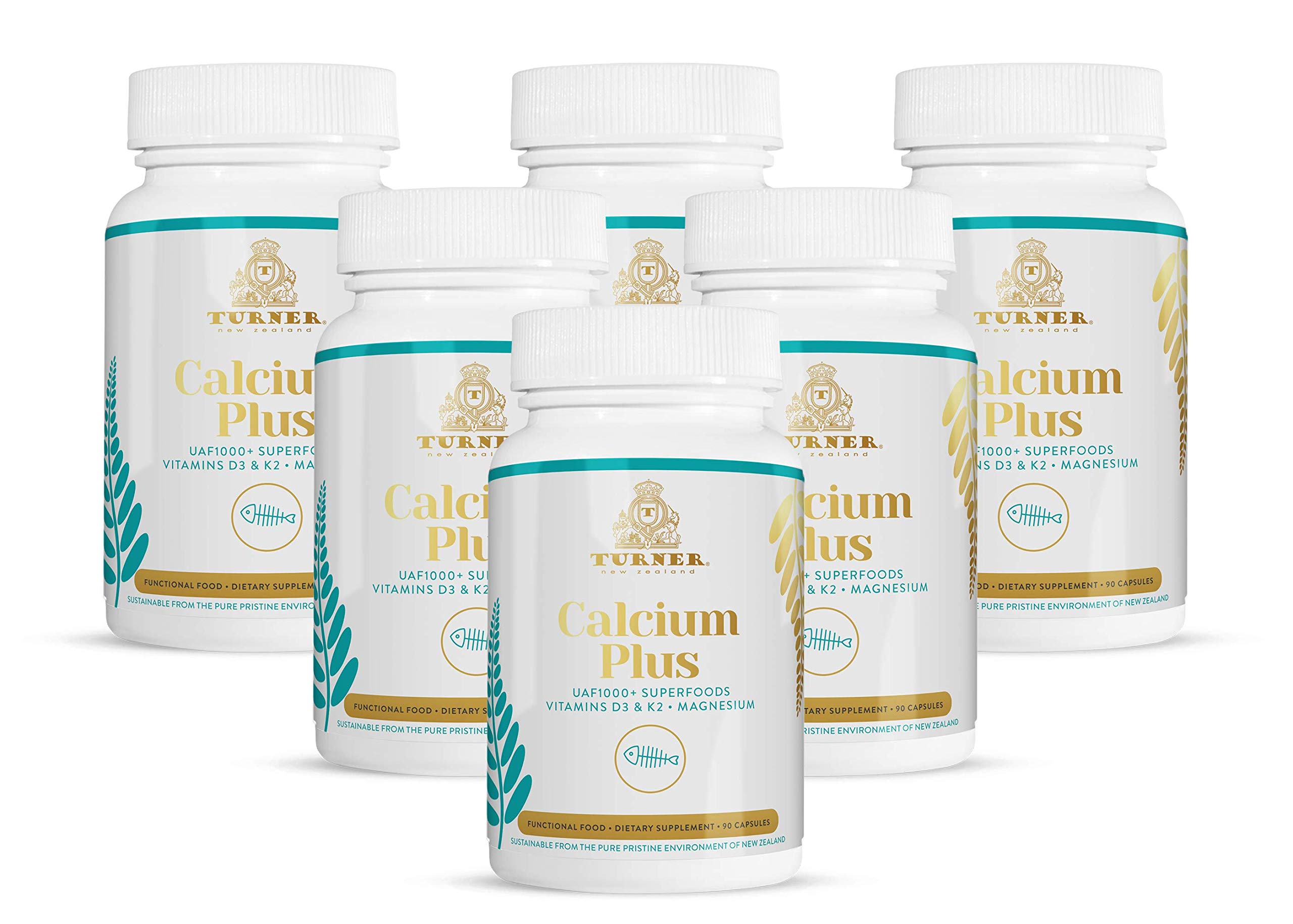 TURNER Calcium Plus, All-Natural Marine Calcium Supplement, with UAF1000+ Super Antioxidant, Magnesium + Vitamins K2 & D3, Supports Bone Density & Joint Health, 6 Bottles, 540 caps, 6 Month Supply