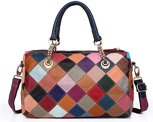 Segater® Women’s Multicolor Floral Boston Bag Genuine Leather Hobo Purses Colorful 3D Splicing Shoulder Bag Ladies Crossbody Bags