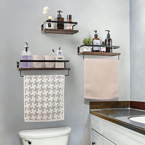 AOZITA 3 Set PRE-Assembled Floating Bathroom Shelves with 2 Towel Bars, Wall Mounted Storage Wood Shelf, Rustic Decor Accessories for Bathroom, Kitchen, Bedroom, Office, Over Toilet - Brown