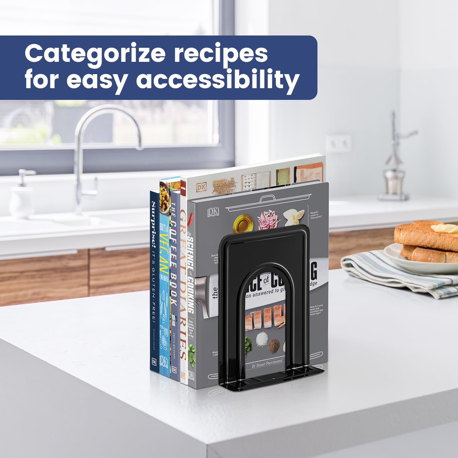 HappyHapi Bookends, Book Ends, Metal Bookend for Shelves, Non-Skid Book End to Hold Books, Black Book Stopper for Shelves, Book Holder for Office Home Kitchen, 5.7X 4.9 X 6.5 in, 3 Pair(6 Pcs, Large)
