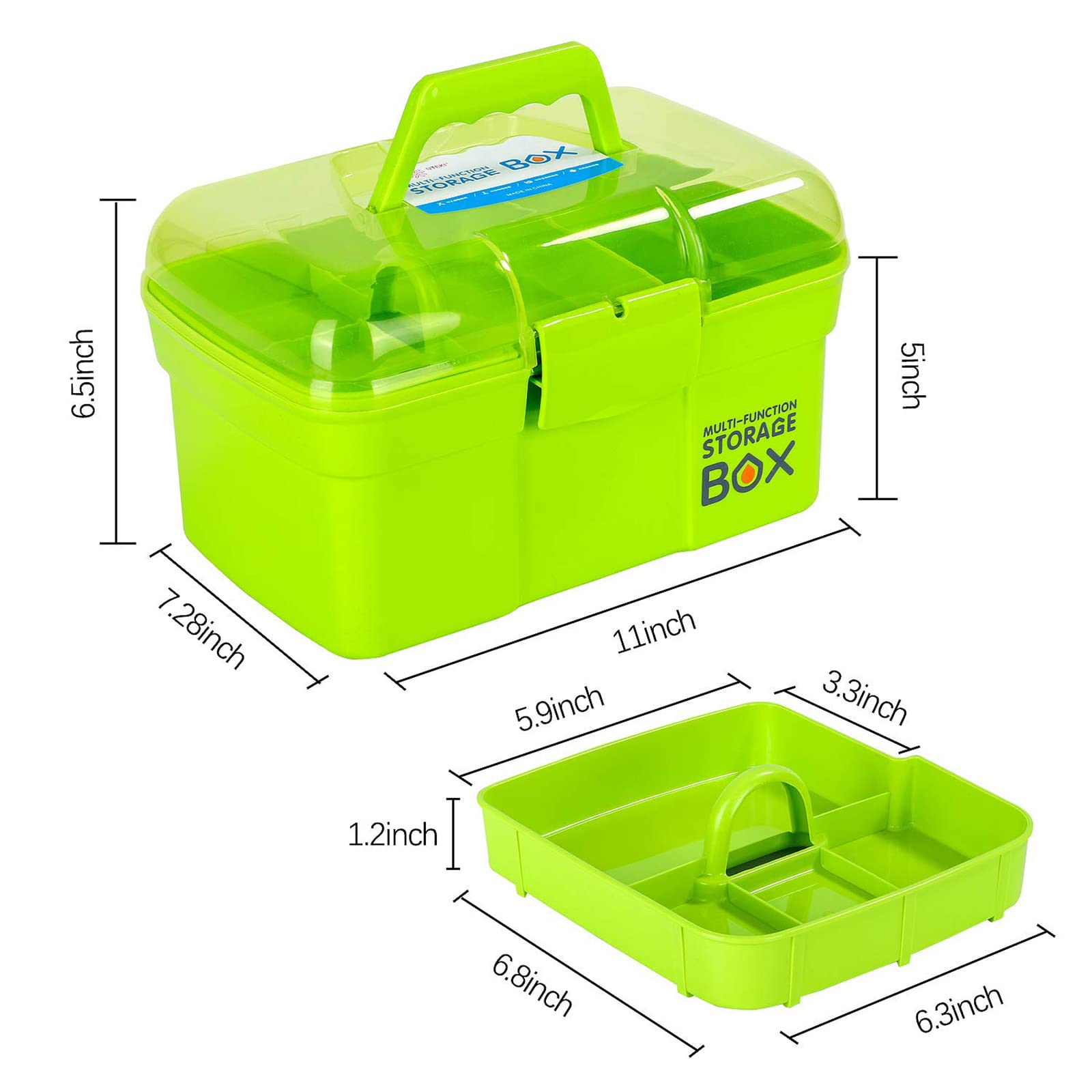 2 Packs 11” Plastic Storage Box Tool Box Sewing Box Organizer with Removable Tray, Multipurpose Portable Handled Storage Case for Art Craft and Cosmetic (Green)