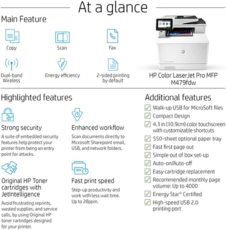 HP Laserjet Pro M479fdw All-in-One Wireless Color Laser Printer, White - Print Scan Copy Fax - 28 ppm, 600x600 dpi, 50-Sheet ADF, Auto Duplex Printing, Ethernet, Cbmou Printer_Cable