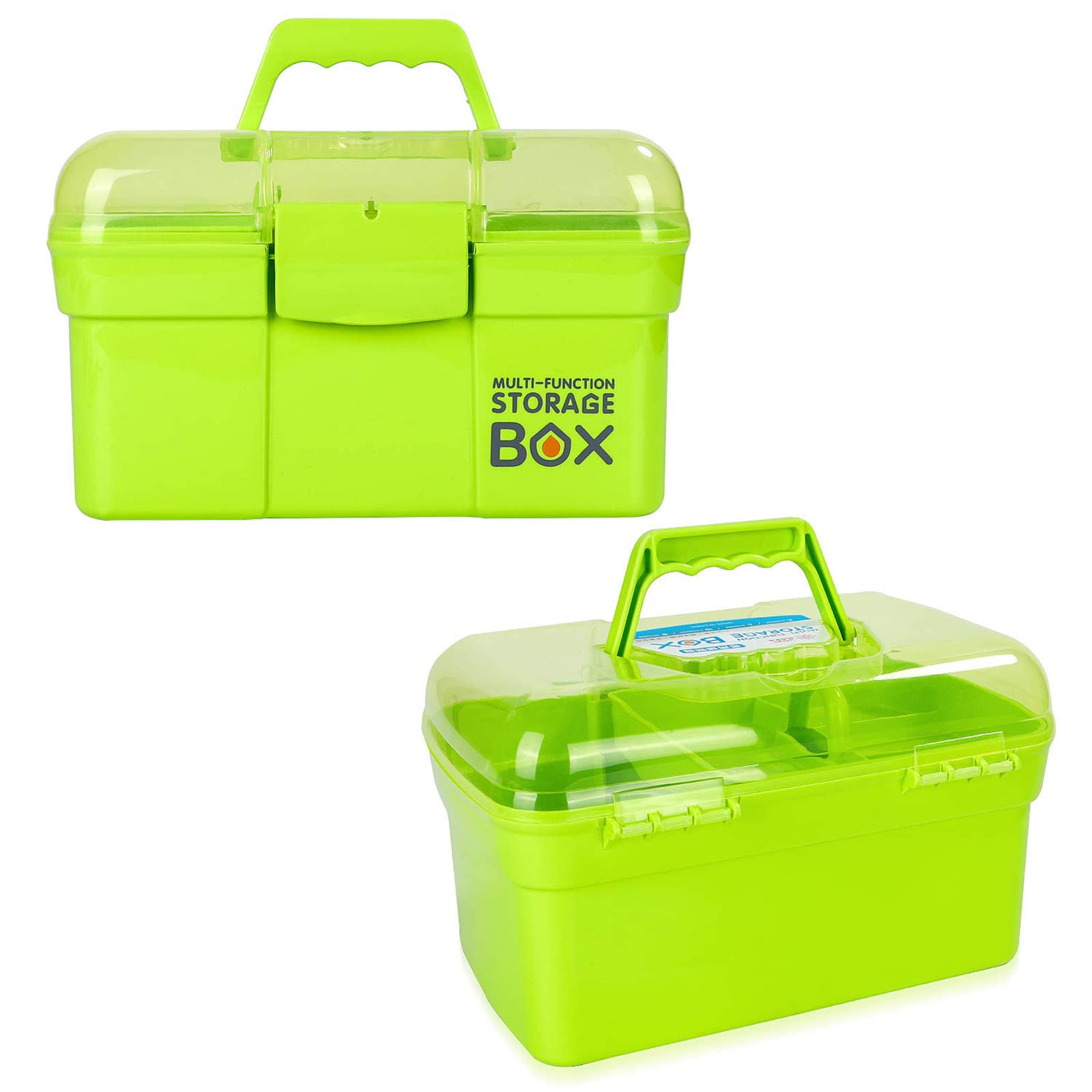 2 Packs 11” Plastic Storage Box Tool Box Sewing Box Organizer with Removable Tray, Multipurpose Portable Handled Storage Case for Art Craft and Cosmetic (Green)