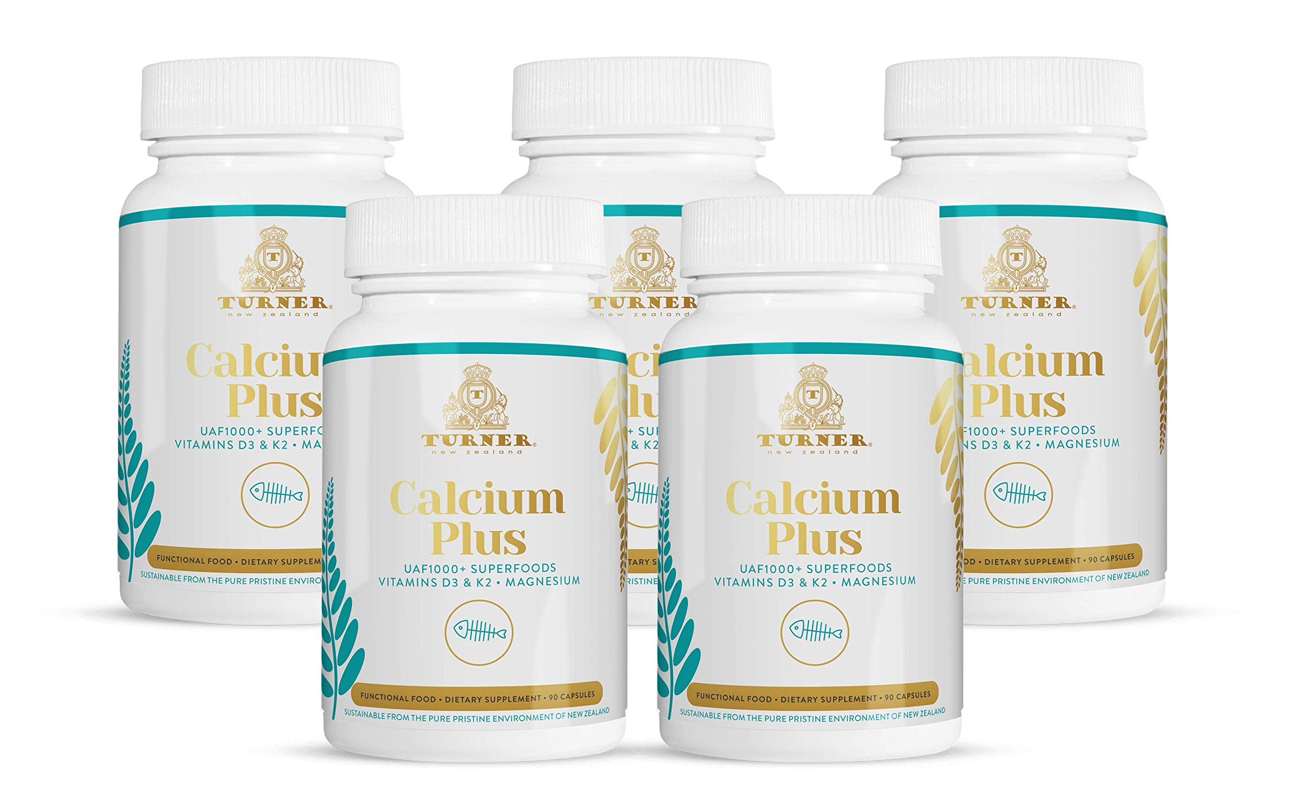 TURNER Calcium Plus, All-Natural Marine Calcium Supplement, with UAF1000+ Super Antioxidant, Magnesium + Vitamins K2 & D3, Supports Bone Density & Joint Health, 5 Bottles, 450 caps, 5 Month Supply