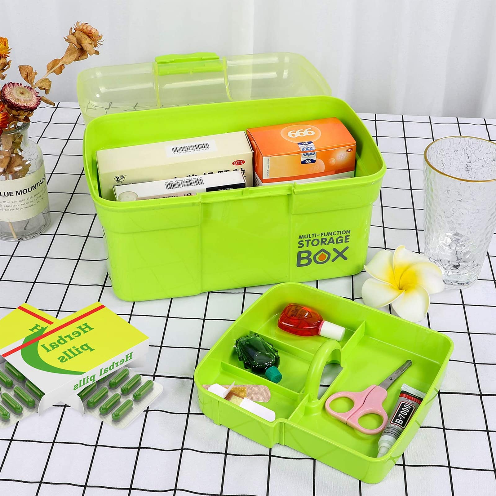 2 Packs 11” Plastic Storage Box Tool Box Sewing Box Organizer with Removable Tray, Multipurpose Portable Handled Storage Case for Art Craft and Cosmetic (Green)