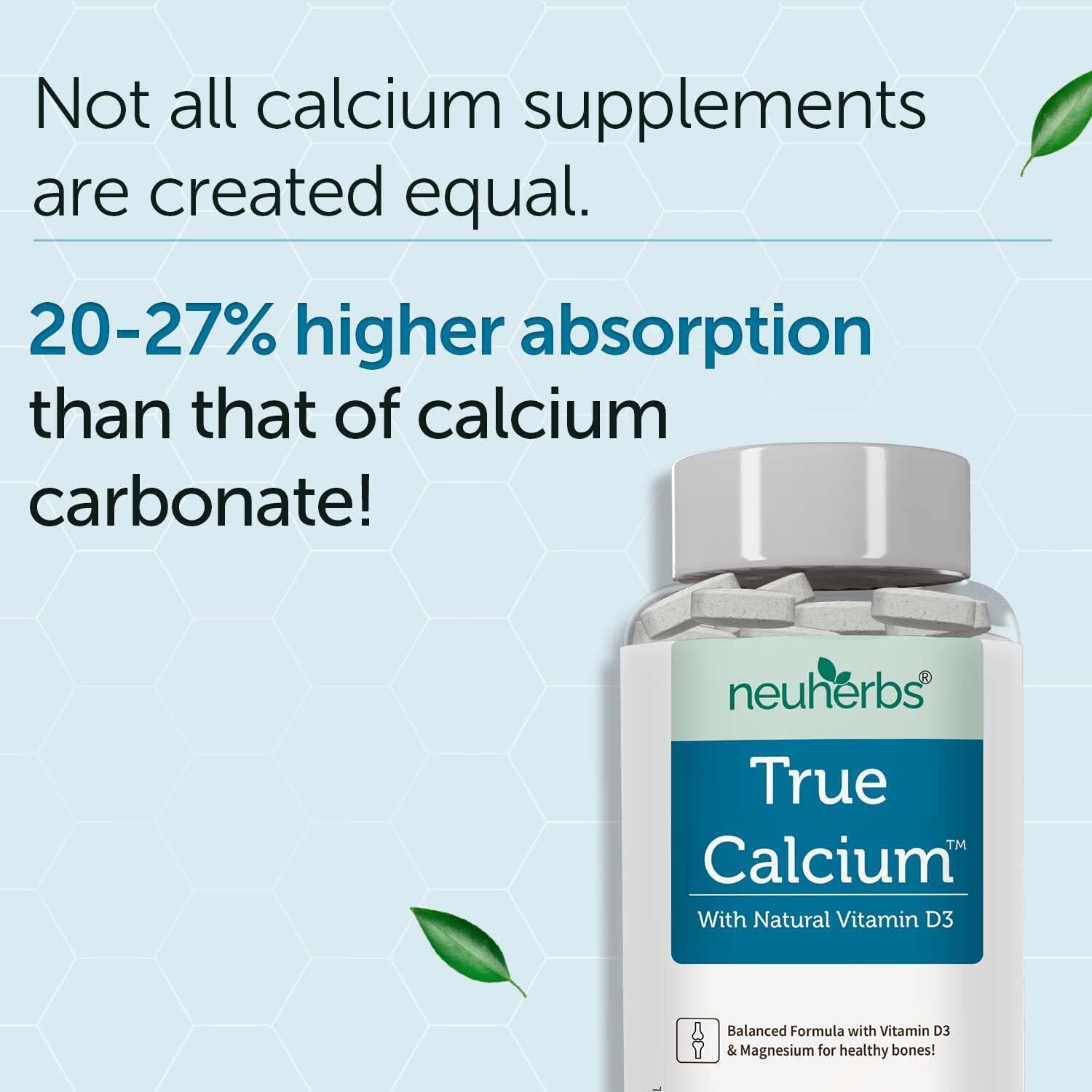 Sheltr True Calcium 1000mg Supplement for Men & Women with Plant Based Vitamin D3 & Natural Magnesium for Healthy Bones - 60 Vegan Tablets