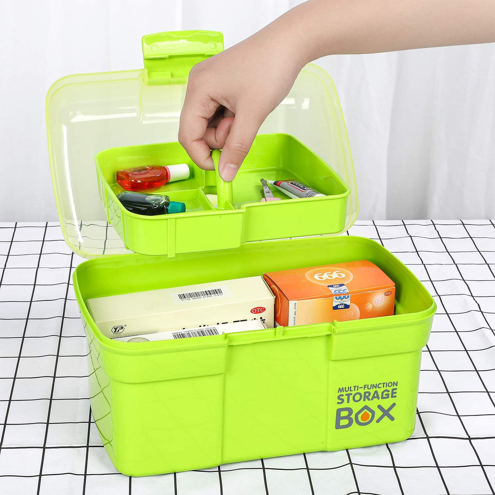 2 Packs 11” Plastic Storage Box Tool Box Sewing Box Organizer with Removable Tray, Multipurpose Portable Handled Storage Case for Art Craft and Cosmetic (Green)
