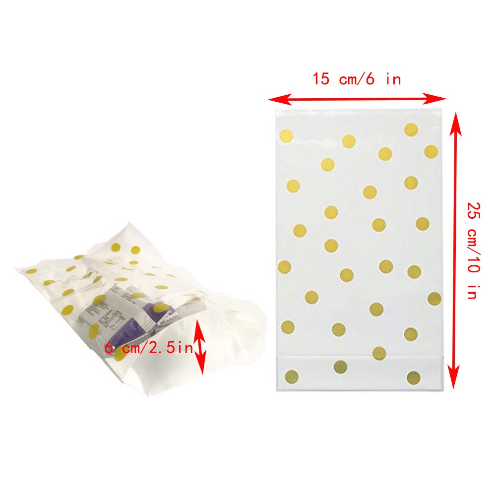 Gold Polka Dot Clear Cello Candy Favor Bags,Cellophane Cookie Treat Plastic Bags,with Gold Twist Ties, Pack of 50