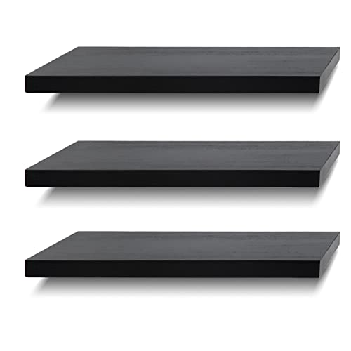 SAUMONIERES Floating Shelves Wall Shelf Solid Wood for Bathroom Bedroom Kitchen Wall Decor Set of 3, Black Wall Shelves