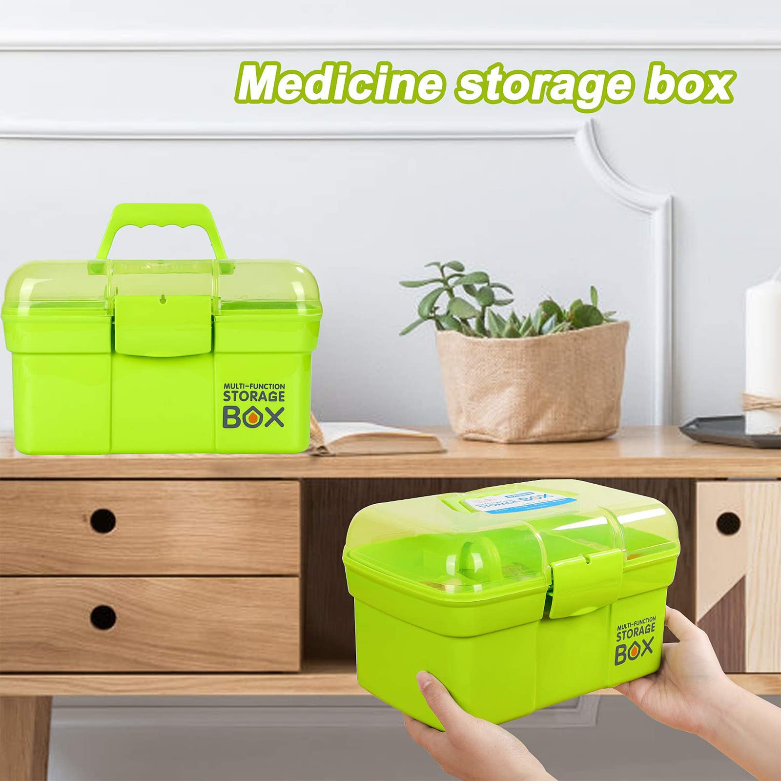 2 Packs 11” Plastic Storage Box Tool Box Sewing Box Organizer with Removable Tray, Multipurpose Portable Handled Storage Case for Art Craft and Cosmetic (Green)