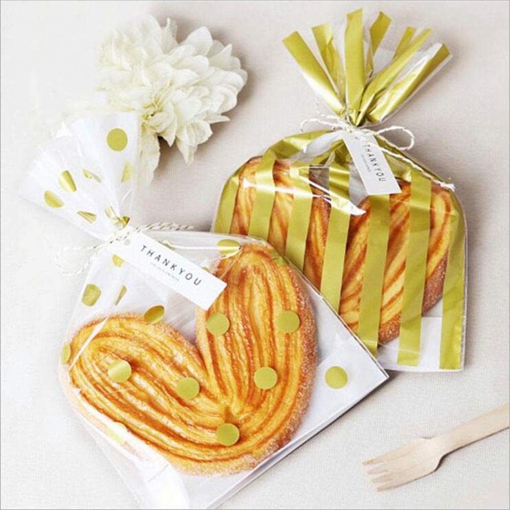 Gold Polka Dot Clear Cello Candy Favor Bags,Cellophane Cookie Treat Plastic Bags,with Gold Twist Ties, Pack of 50
