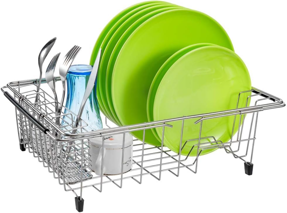 blitzlabs Expandable Dish Rack, Deep Large Dish Drying Rack with 4 Division Utensil Silverware Cutlery Holder, Dish Drainer Shelf Dish Rack in Sink On Counter, Rustproof Stainless Steel