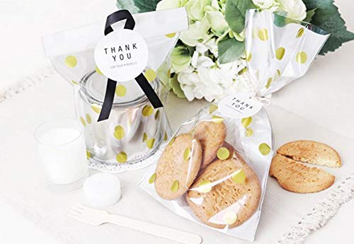 Gold Polka Dot Clear Cello Candy Favor Bags,Cellophane Cookie Treat Plastic Bags,with Gold Twist Ties, Pack of 50