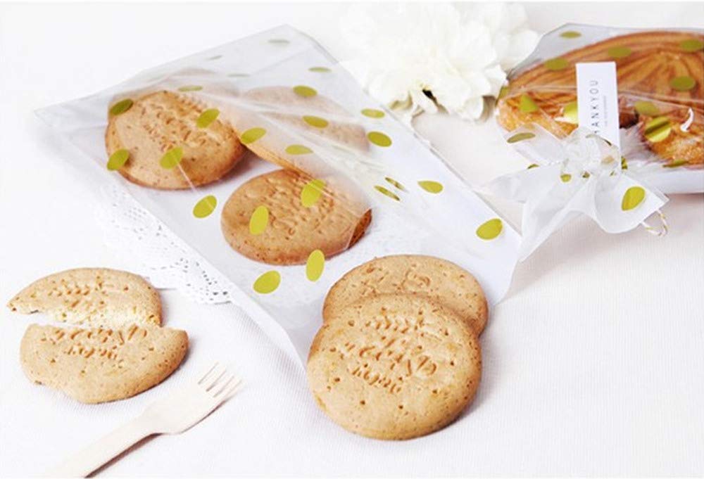 Gold Polka Dot Clear Cello Candy Favor Bags,Cellophane Cookie Treat Plastic Bags,with Gold Twist Ties, Pack of 50