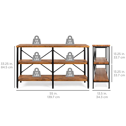 Best Choice Products Large Console Table, 3-Tier 55in Rustic, Industrial Sofa Table Storage for Living Room, Entryway, Foyer, Hallway w/EVA Non-Scratch Feet, Steel Frame - Brown
