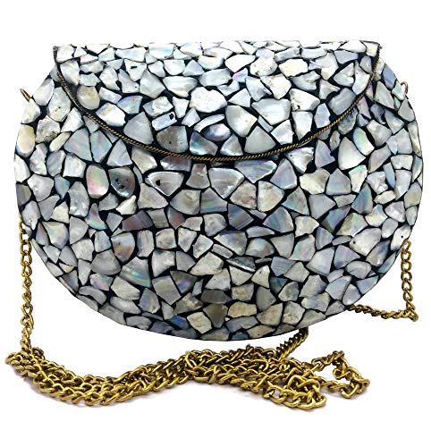 Women/Girls Bridal metal Sea shell clutch party sling bag Ethnic Indian Handmade mosaic metal bag