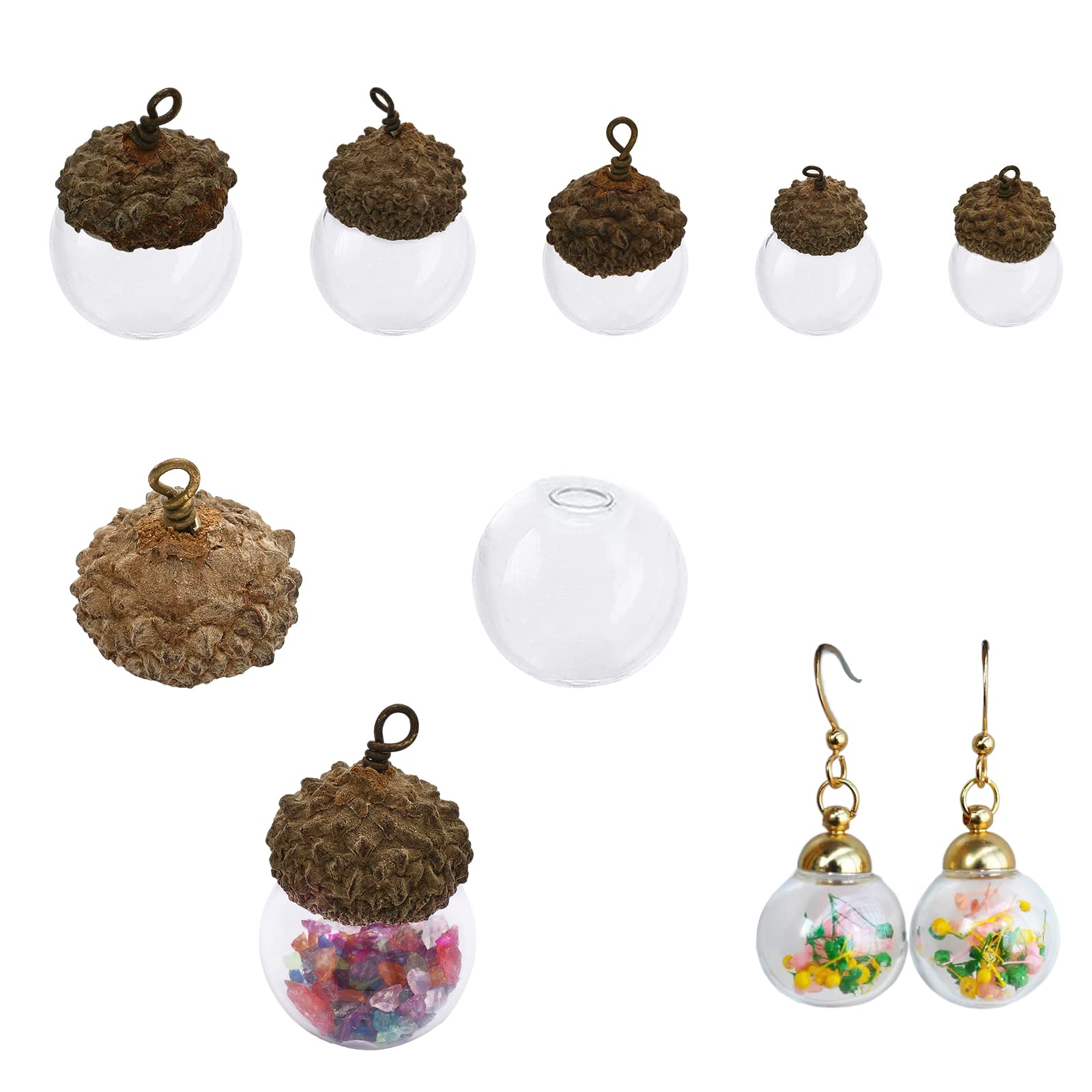 CHGCRAFT 5 Sets 5 Style Acorn Glass Ball Pendants Empty Clear Glass Globe Vial Pendants Wish Bottle Charms with Caps for Necklace Earring Making, Length 26mm to 40mm